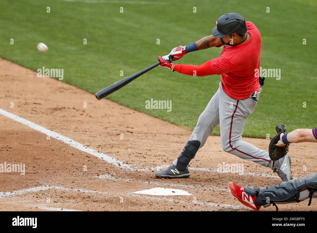 Minnesota Twins' Luis Arraez hits a home run in an intrasquad baseball ...
