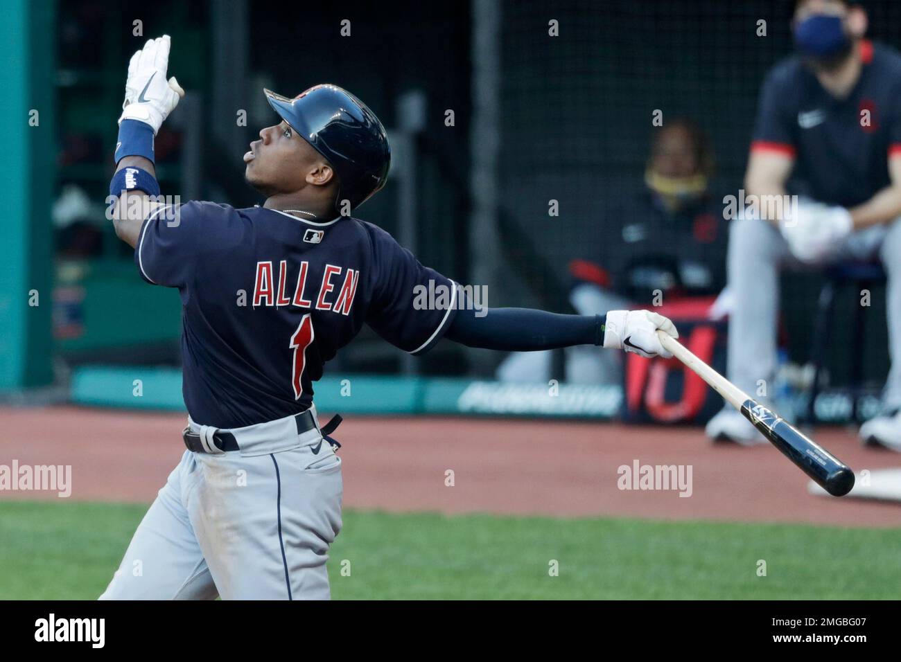 Cleveland Indians' Greg Allen watches his ball after hitting during an ...