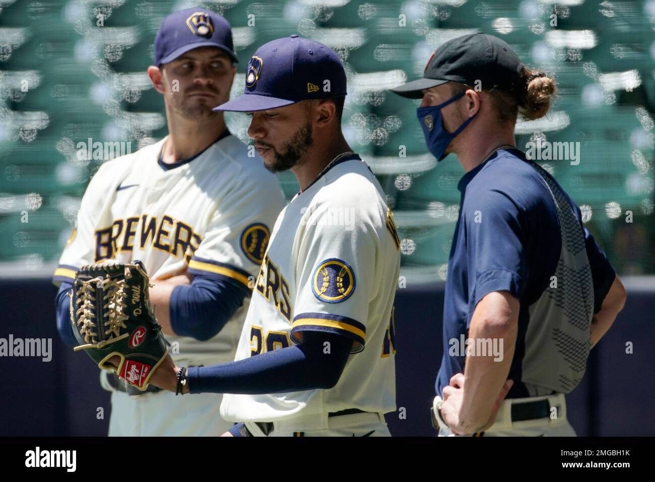 Milwaukee Brewers' Justin Grimm, Devin Williams and Josh Hader watch ...