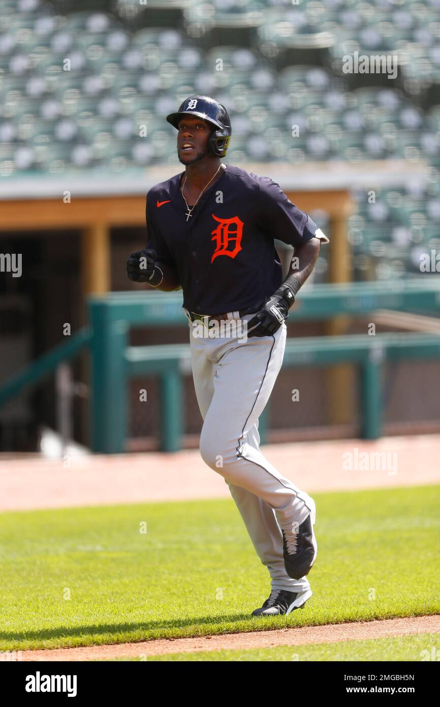Detroit Tigers' Cameron Maybin rounds the bases after hitting a solo ...