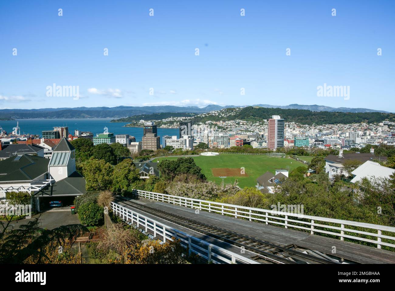 View of cable car tracks and Wellington city and harbour from top of ...