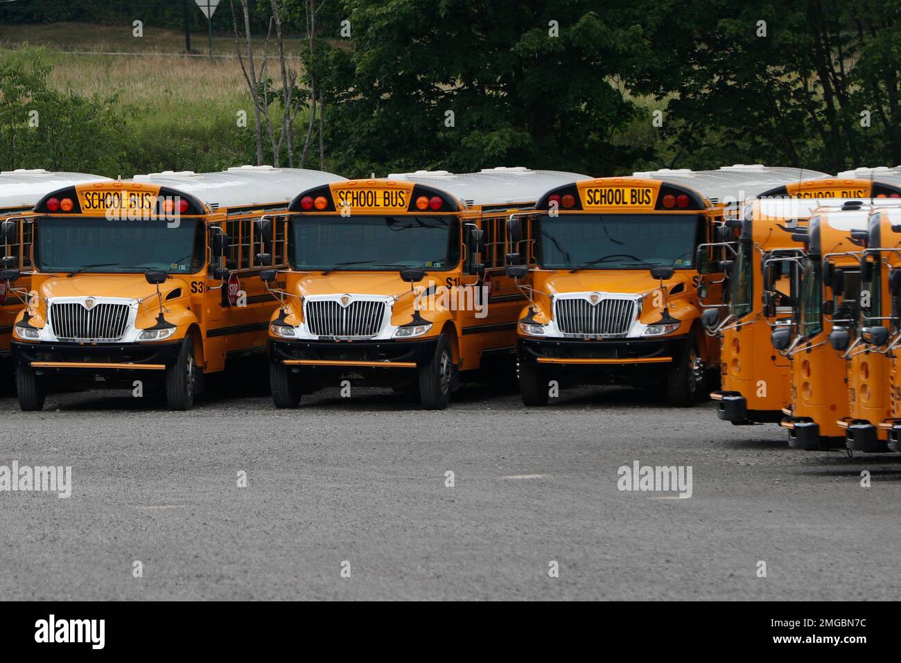Rows of school buses are parked at their terminal, Friday, July 10 ...