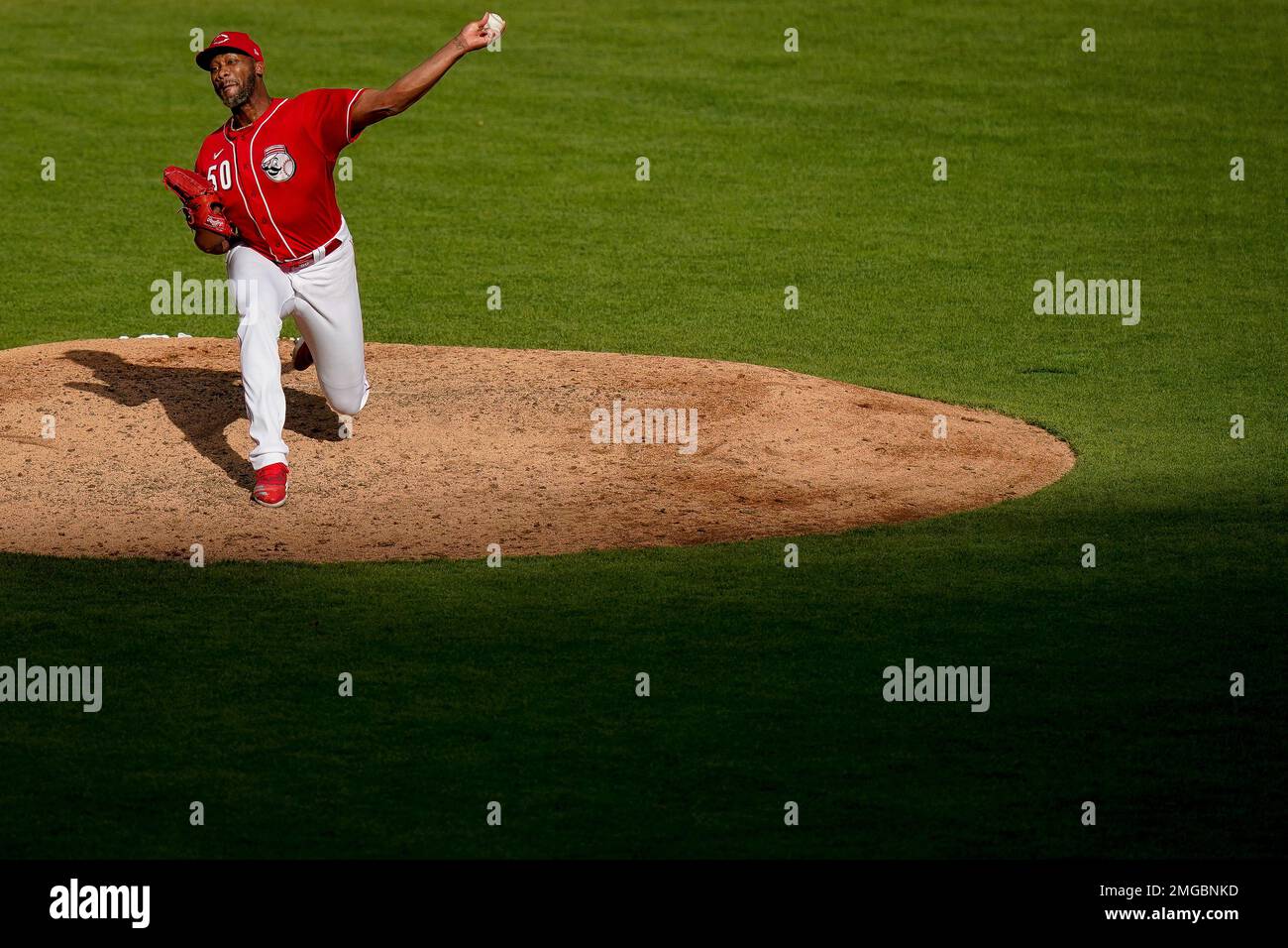 Cincinnati Reds relief pitcher Amir Garrett (50) delivers during team ...