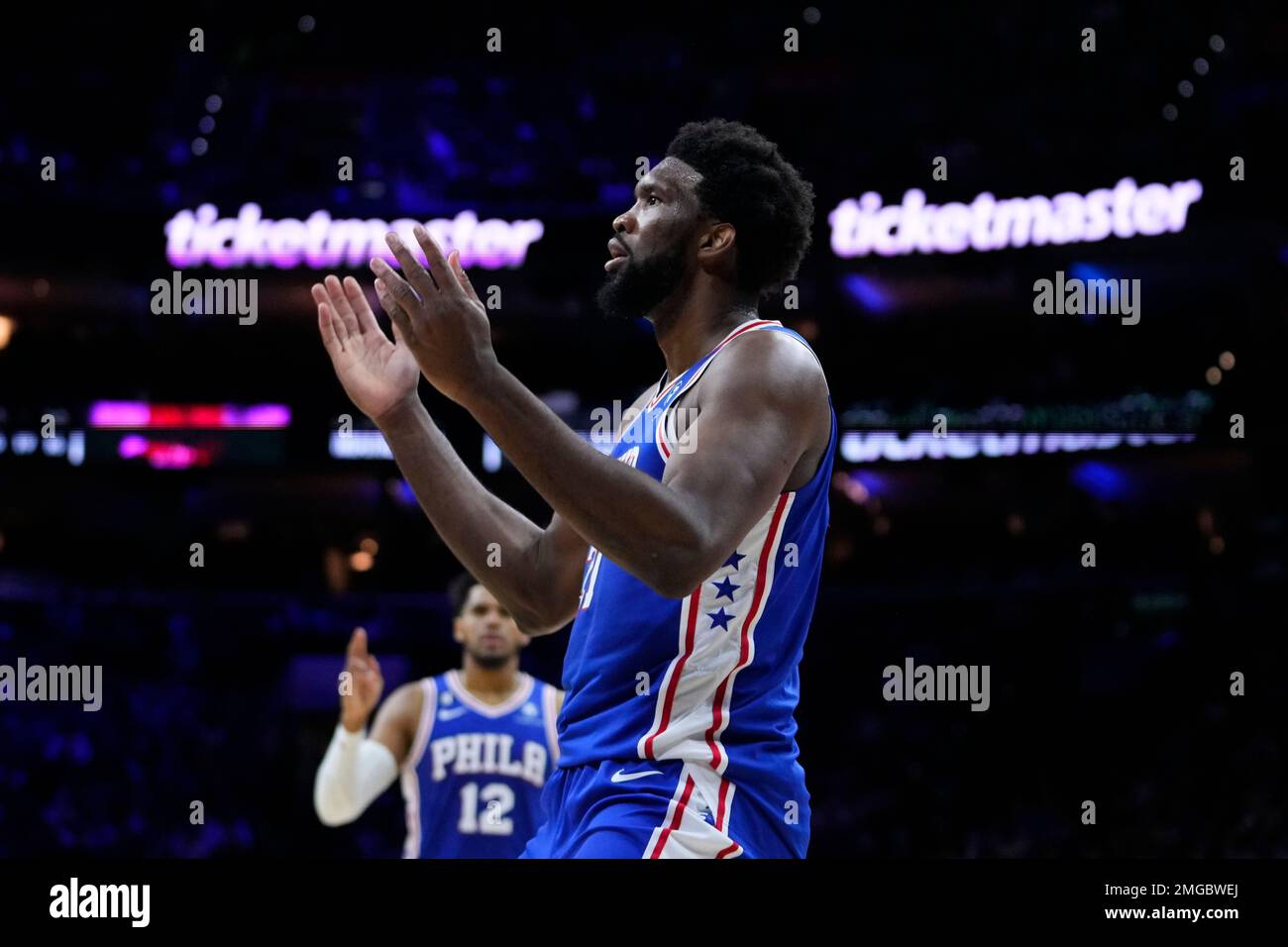 Philadelphia 76ers' Joel Embiid reacts during an NBA basketball game ...