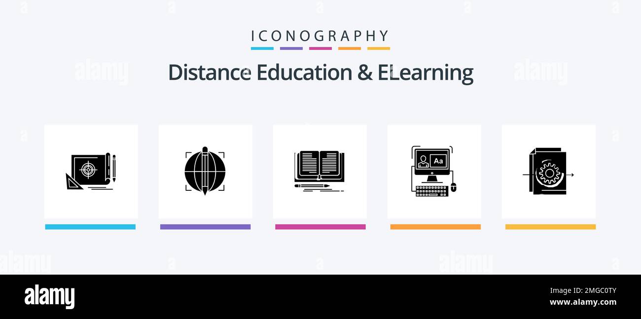 Distance Education And Elearning Glyph 5 Icon Pack Including document ...