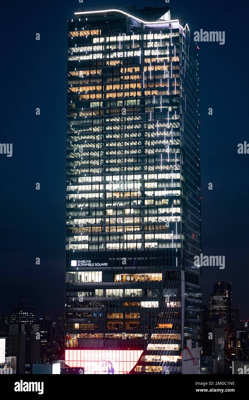 Tokyo, Japan. 24th Jan, 2023. Shibuya Scramble Square in the evening ...
