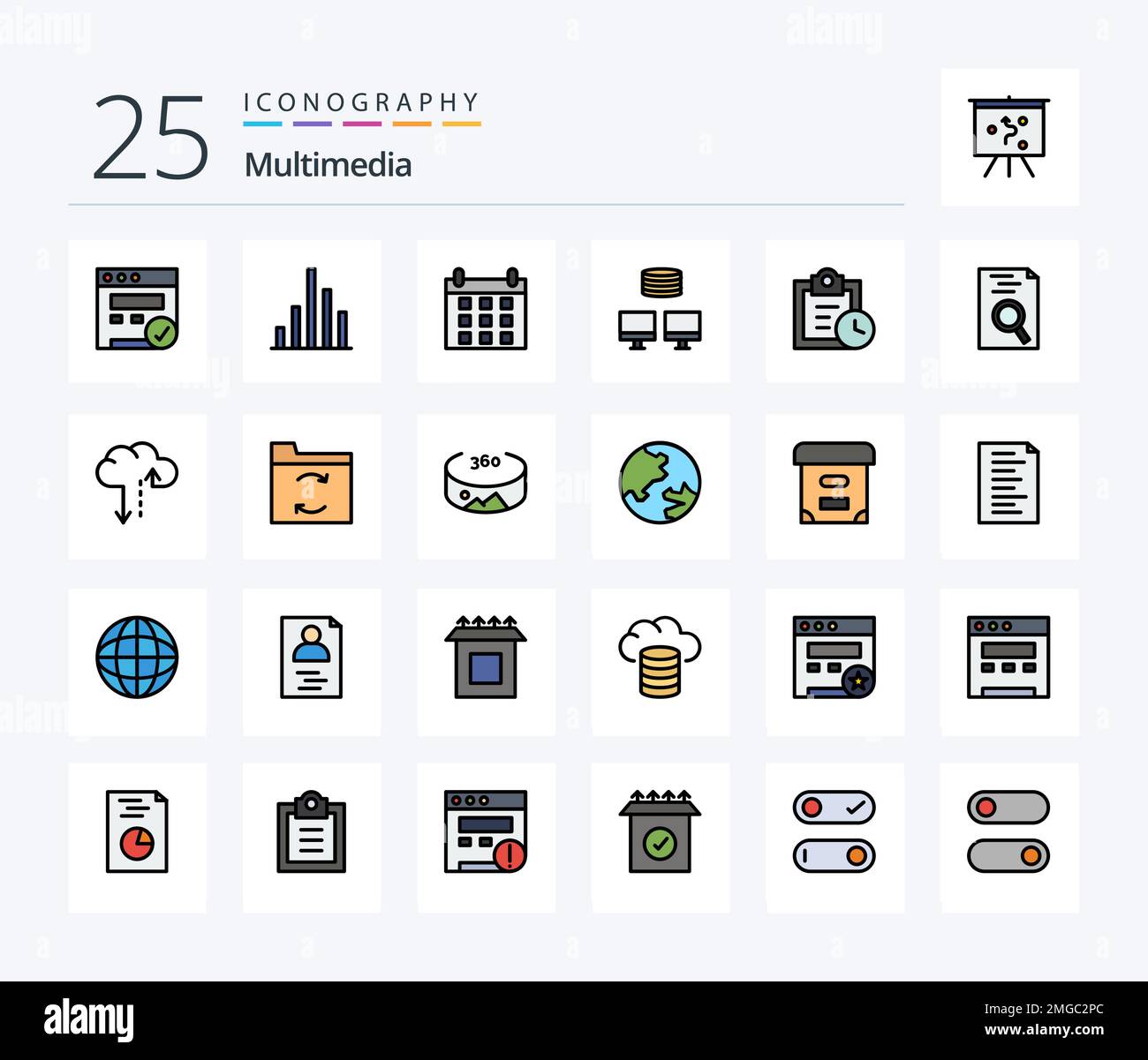 Multimedia 25 Line Filled icon pack including search. hr. schedule. todo. deadline Stock Vector ...