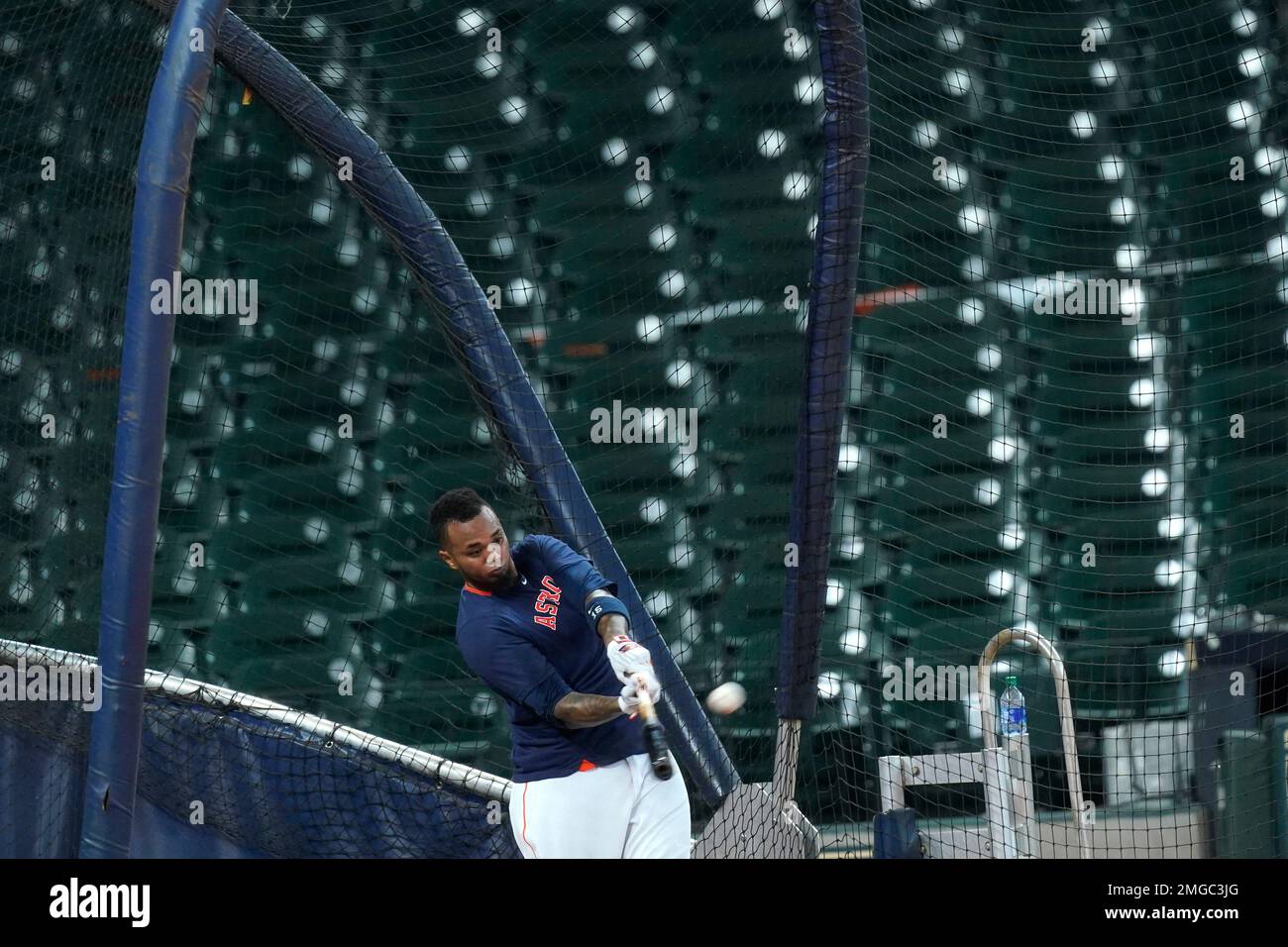 Houston Astros' Martin Maldonado hits during a baseball practice ...