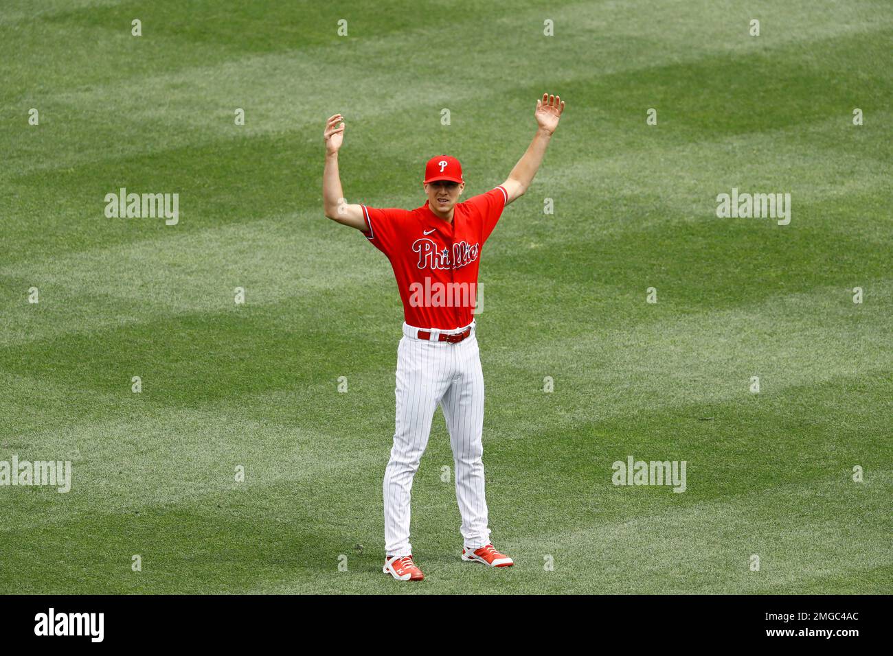Philadelphia Phillies' Nick Pivetta stretches in the outfield during ...