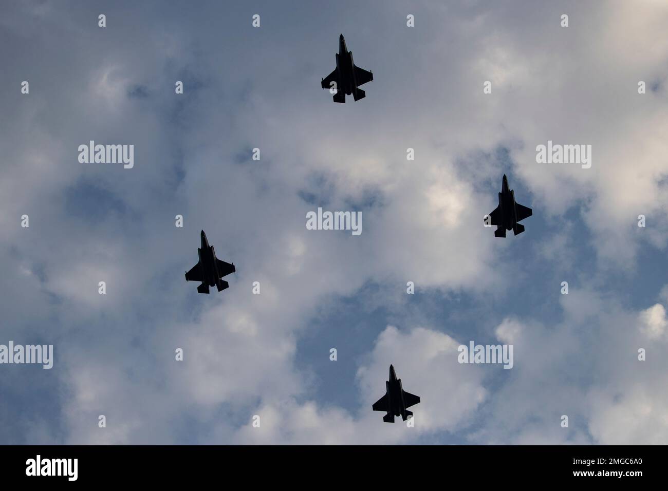 A group of F-22 Raptor aircraft conducts a flyover during a "Salute to ...