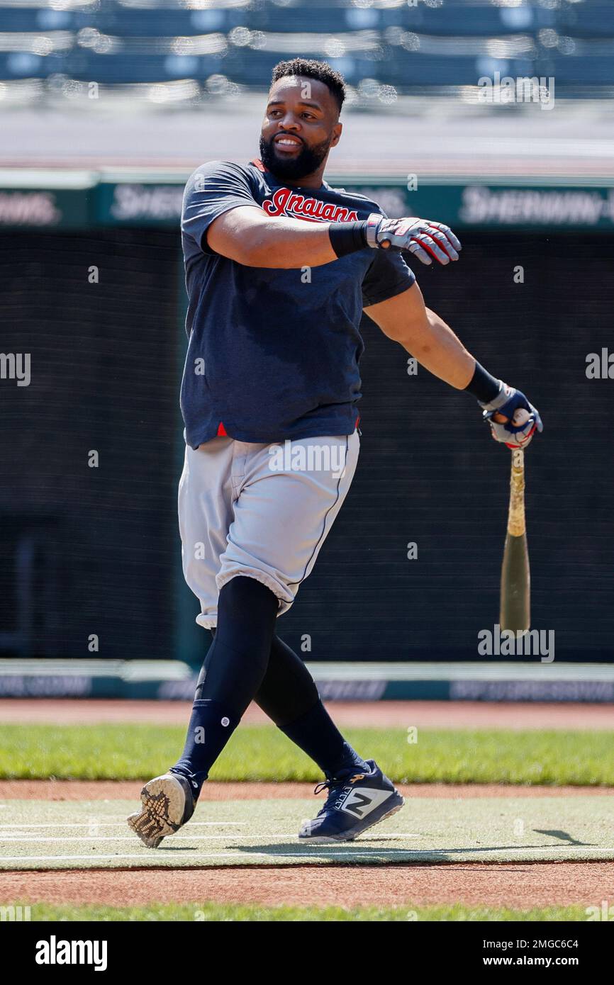 Cleveland Indians' Carlos Santana bats during baseball practice at ...