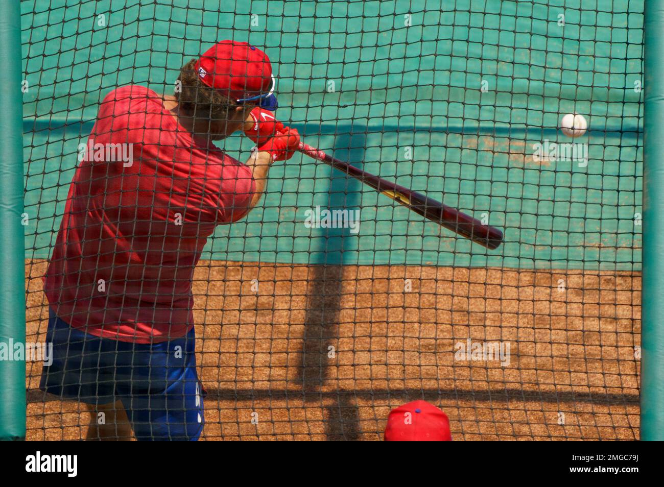 Philadelphia Phillies' Rhys Hoskins takes batting practice during a ...