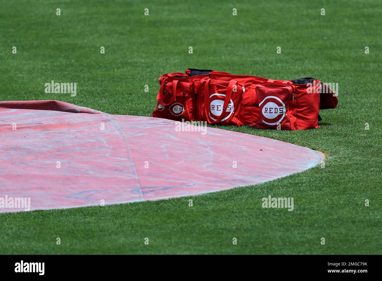A view of baseball bags as the Cincinnati Reds participate in team ...