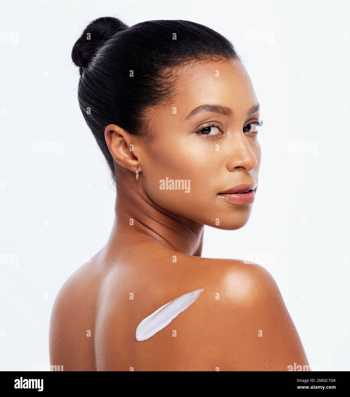 Skincare, beauty and portrait of a woman with cream for a glow isolated ...