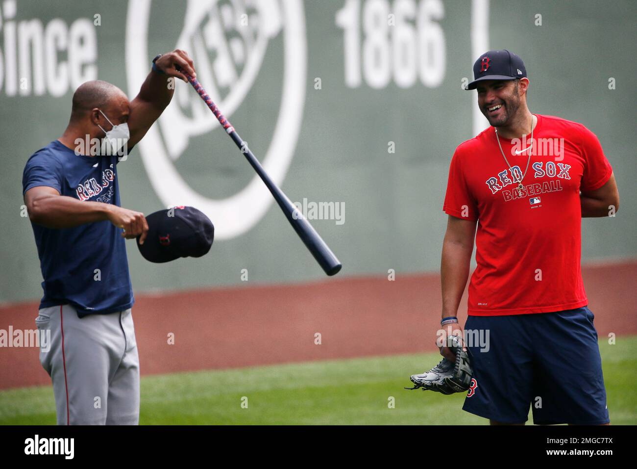 Boston Red Sox's J.D. Martinez, right, talks with first base coach Tom ...