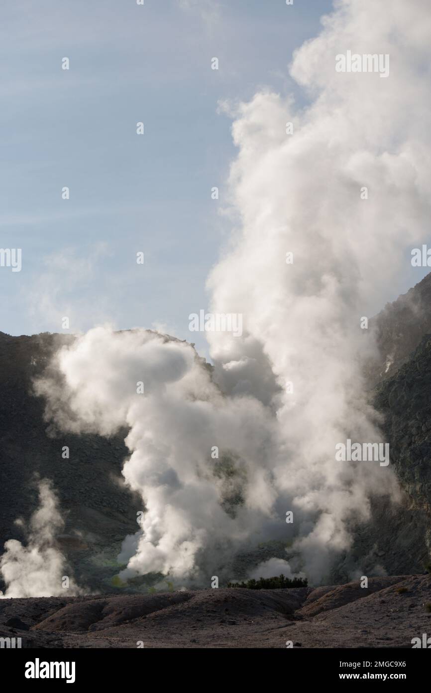 Smoke and gas rising from an active volcano, Mt Io, Hokkaido Stock ...