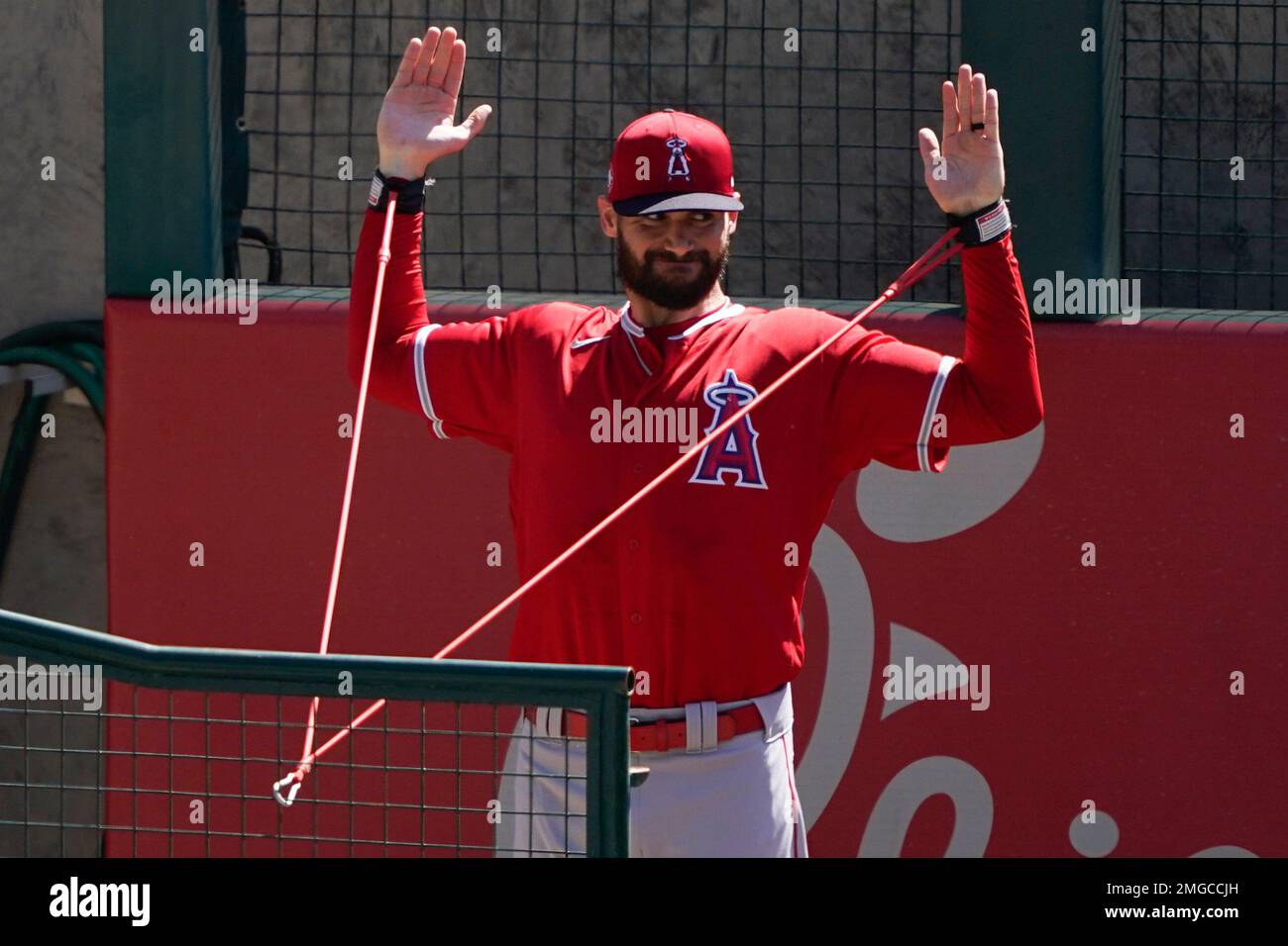 Los Angeles Angels relief pitcher Justin Anderson (38) works out during ...