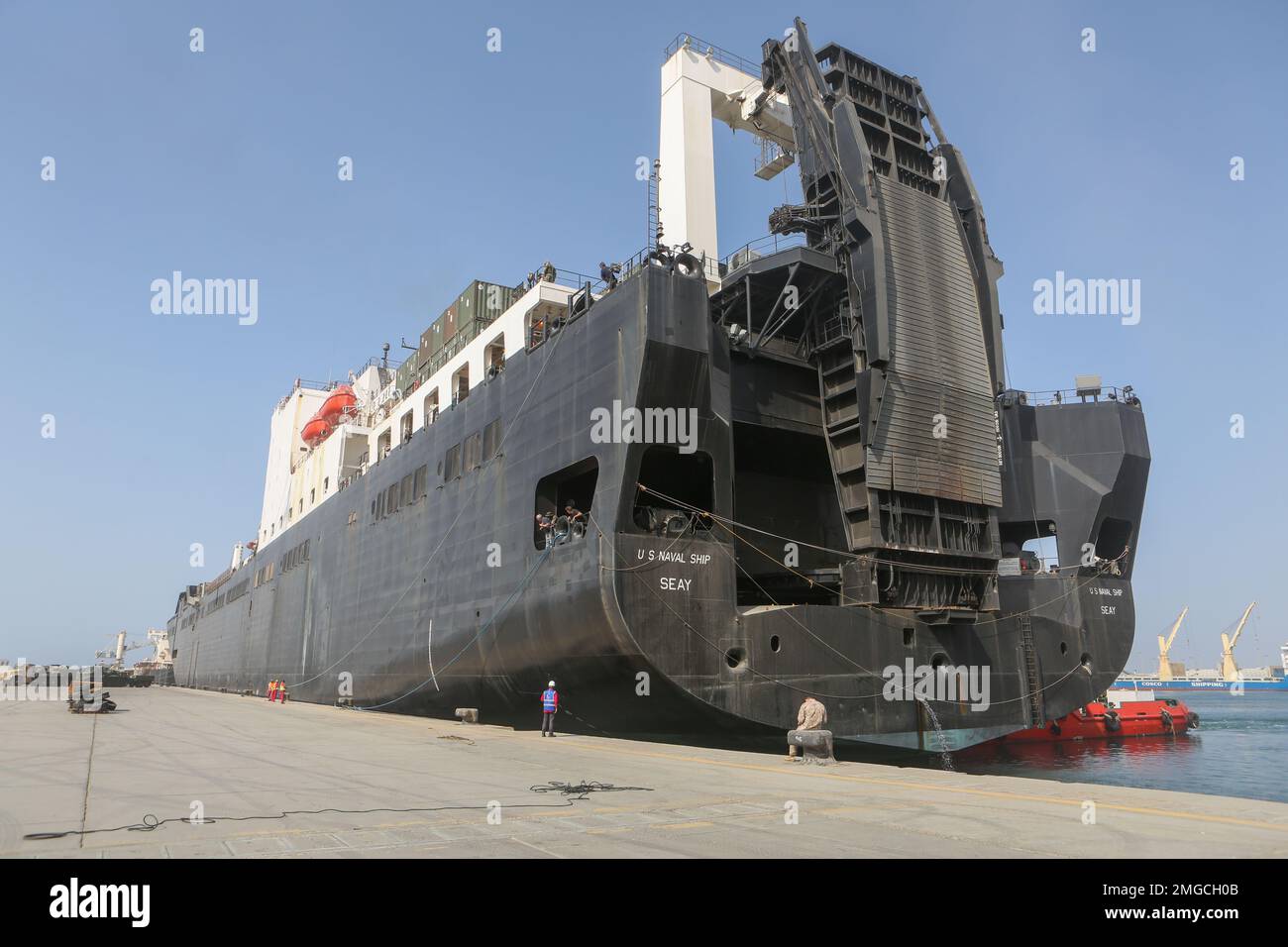 US. Naval Ship Seay (T–AKR-302) docks at the Yanbu Commercial Port in ...