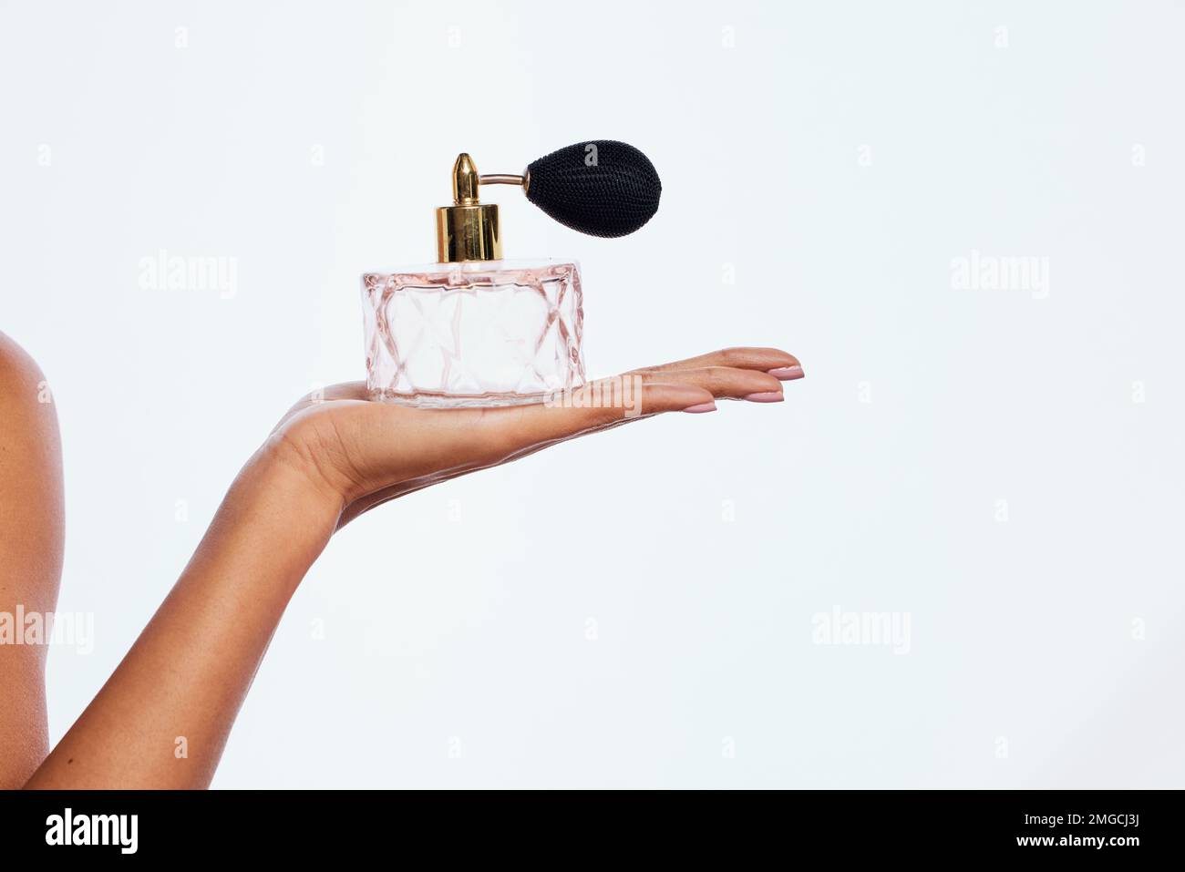 Black woman, hands and luxury perfume for skincare, beauty wellness and ...