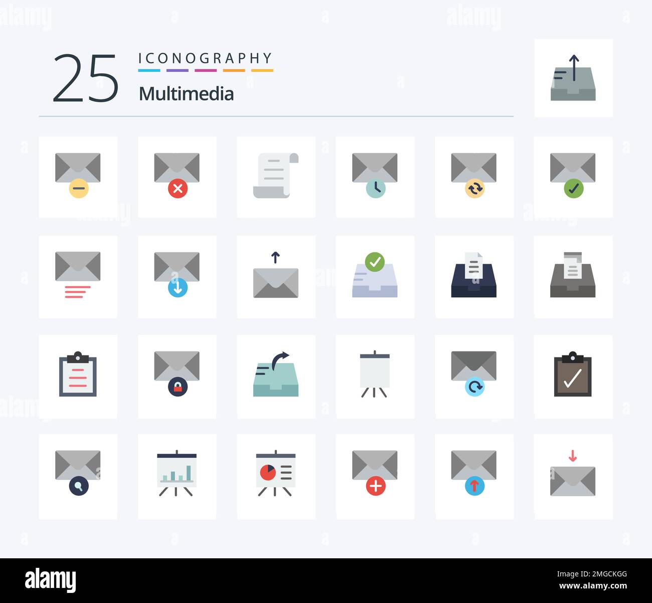 Multimedia 25 Flat Color icon pack including send. mail. time ...