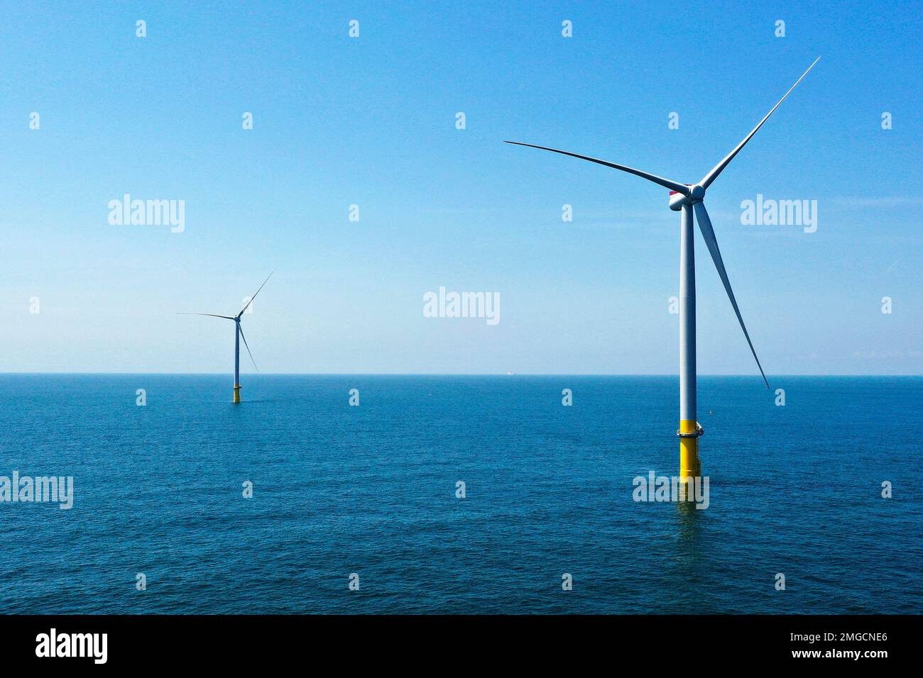 Two of the offshore wind turbines have been constructed off the coast ...