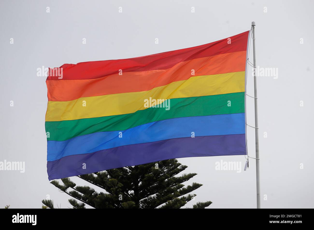 A rainbow flag flies over the Castro District in San Francisco ...