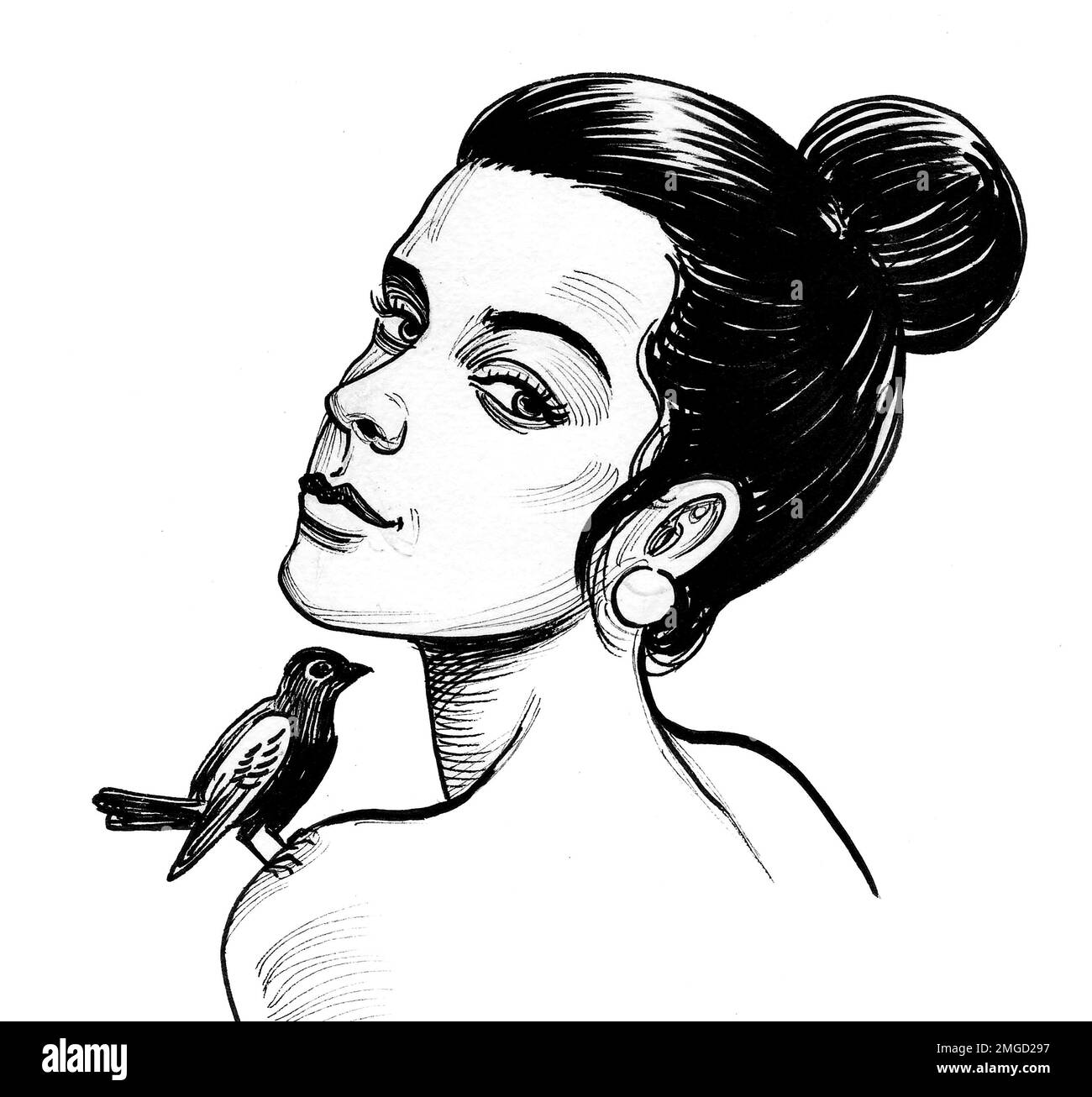 Pretty girl and a bird. Ink black and white drawing Stock Photo - Alamy