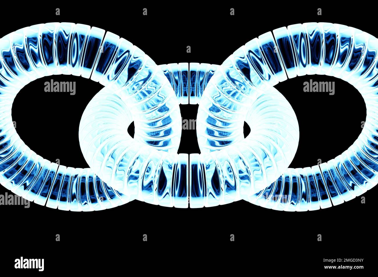 3d illustration of close-up of blue glowing chain links bent in a fancy ...