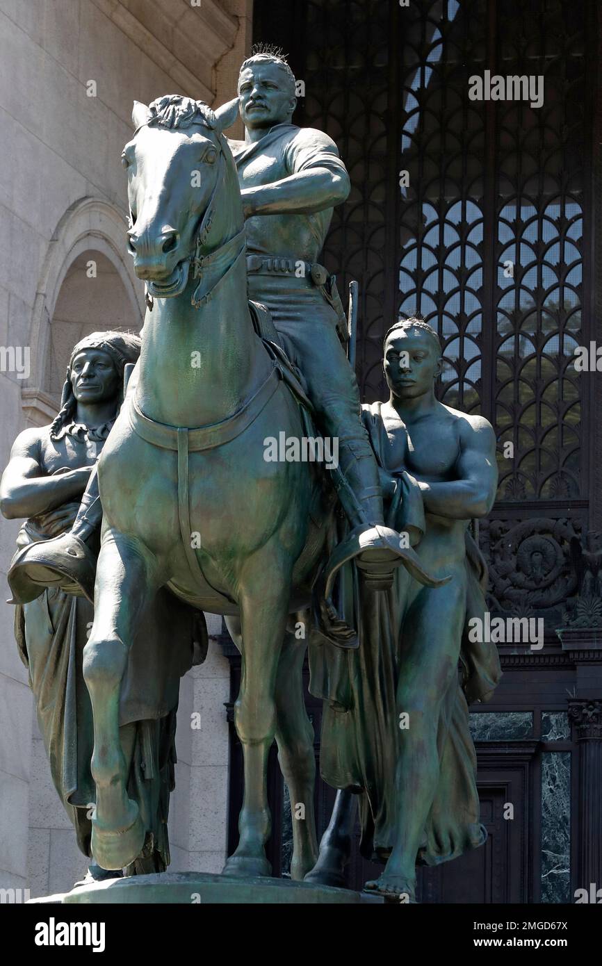 A statue depicting Theodore Roosevelt on horseback guided by a Native ...