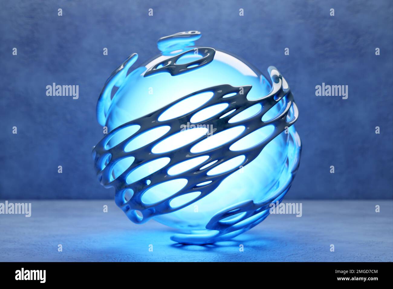 3D illustration of a blue sphere with many faces and holes on a blue ...