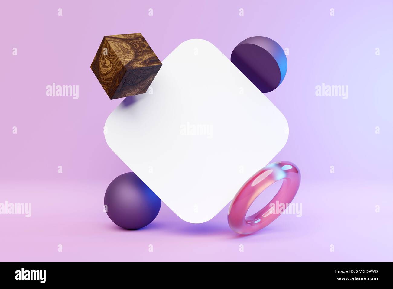 Close-up 3d pink illustration. Different geometric shape rhombus, cube ...