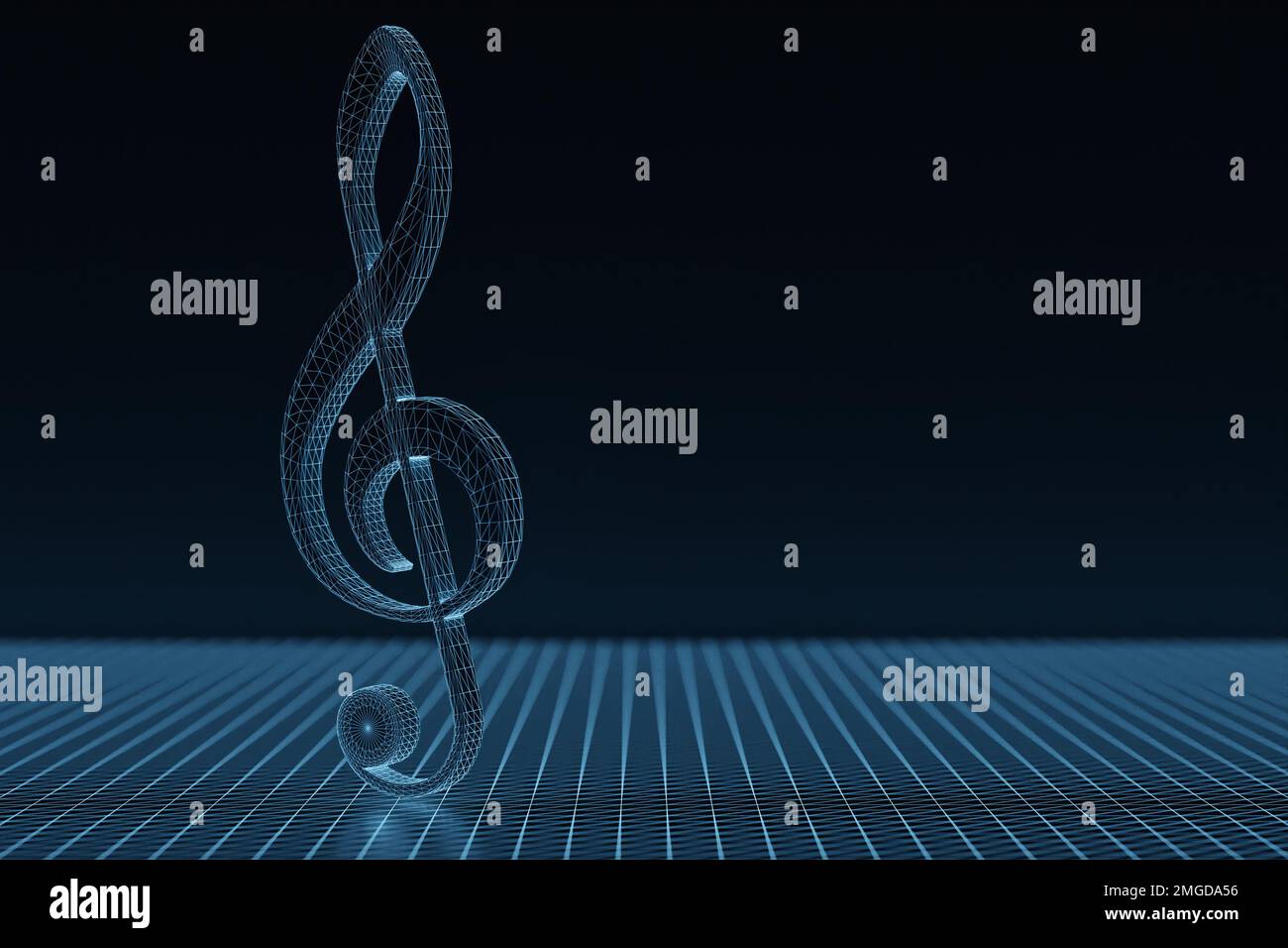 Realistic blue metal treble clef on a black background. 3d golden ...