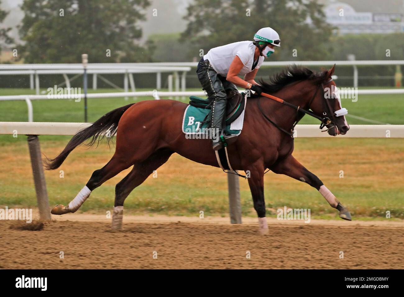 Robin Smullen rides Tiz the Law during a workout at Belmont Park in Elmont, N.Y., Friday, June ...