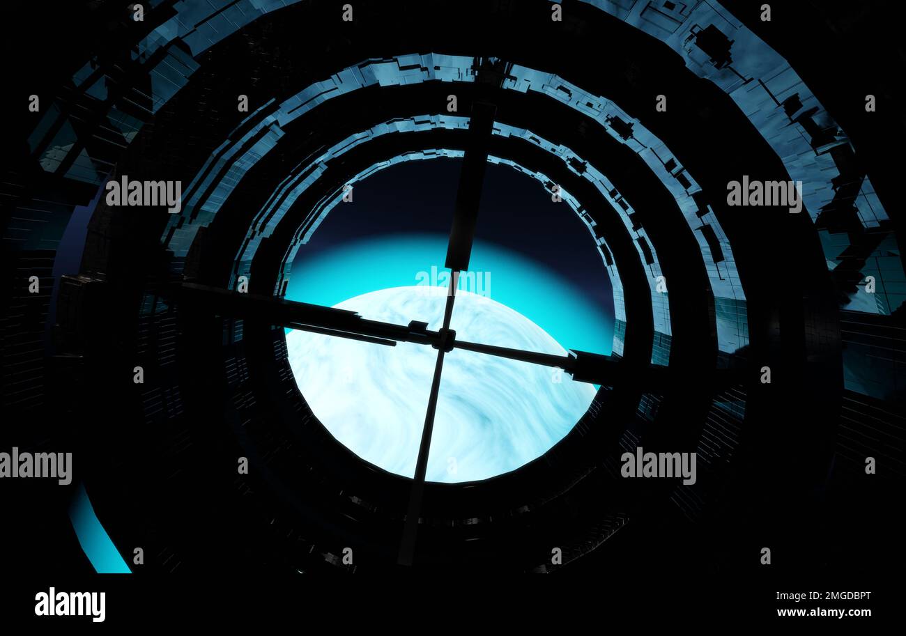 Starship window with blue star background outside sci fi 3d rendering ...