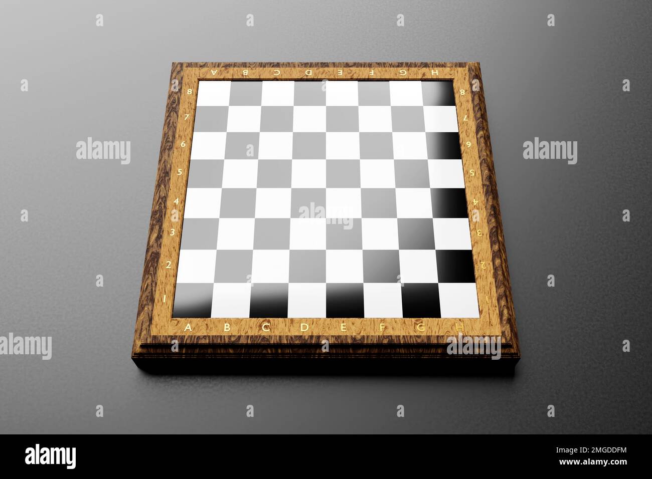 3D Illustration Cute Wooden Chess Board on black background. Empty ...