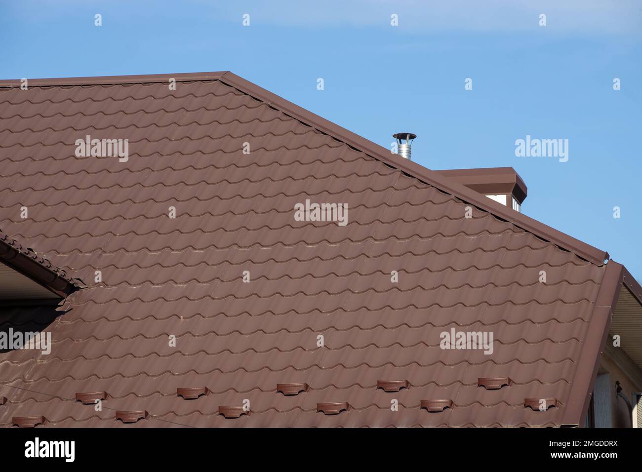 New roofing construction with attic skylights, rain gutter system, roof ...