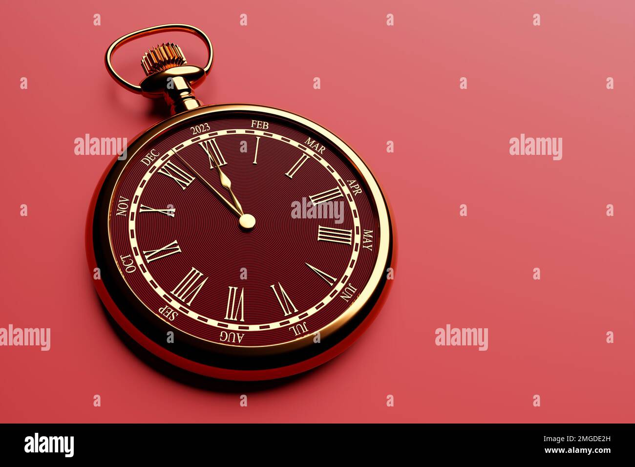 3d illustration of antique black round clock with cutoffs 2023 and ...