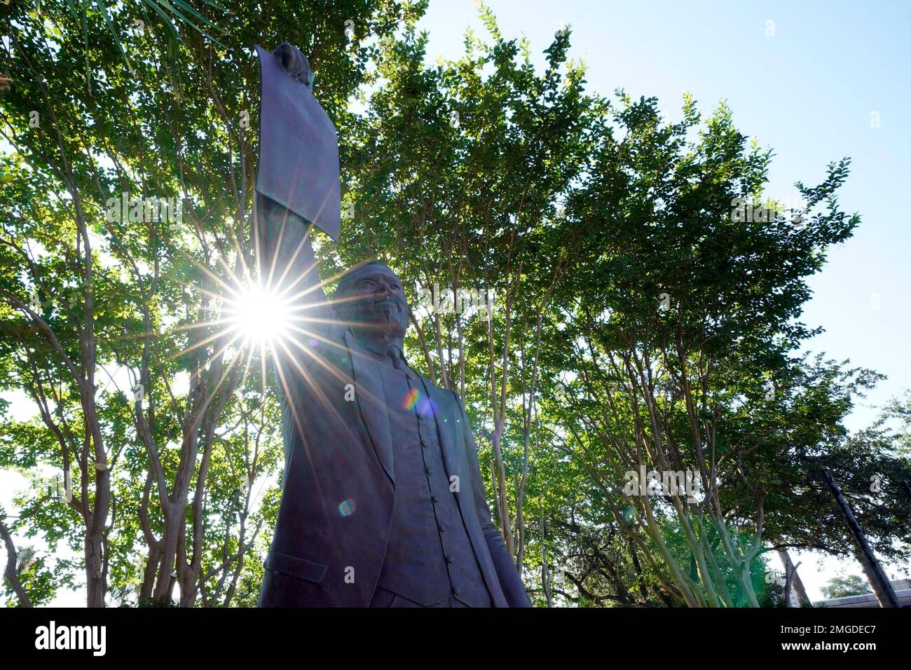 This June 17, 2020, photo, shows a statue depicting a man holding the ...