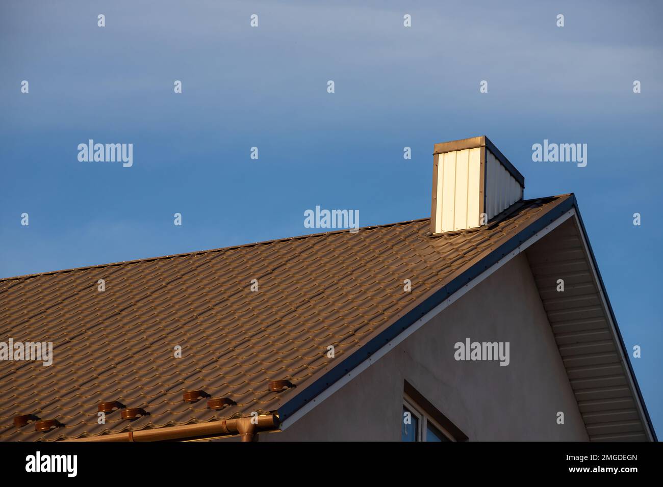 New roofing construction with attic skylights, rain gutter system, roof ...