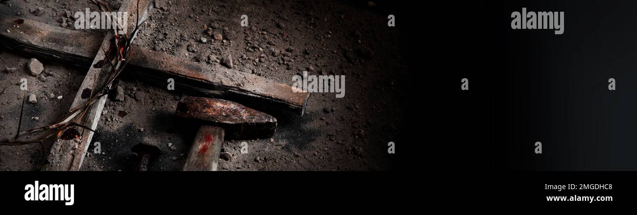 Jesus Christ Hammer And Bloody Nails And Crown Of Thorns on dark ...