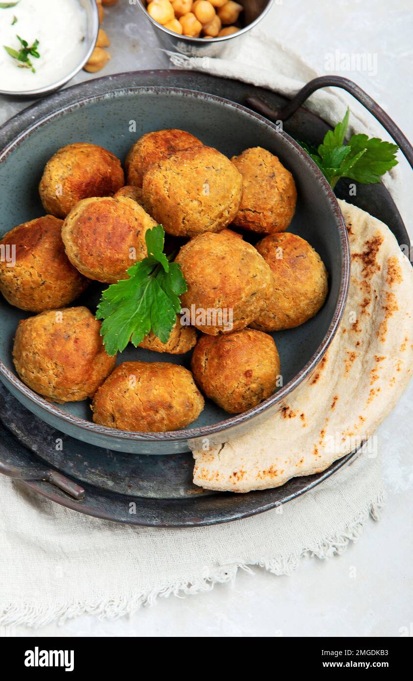 Chickpeas falafel with pita,sauce. Top view Stock Photo - Alamy