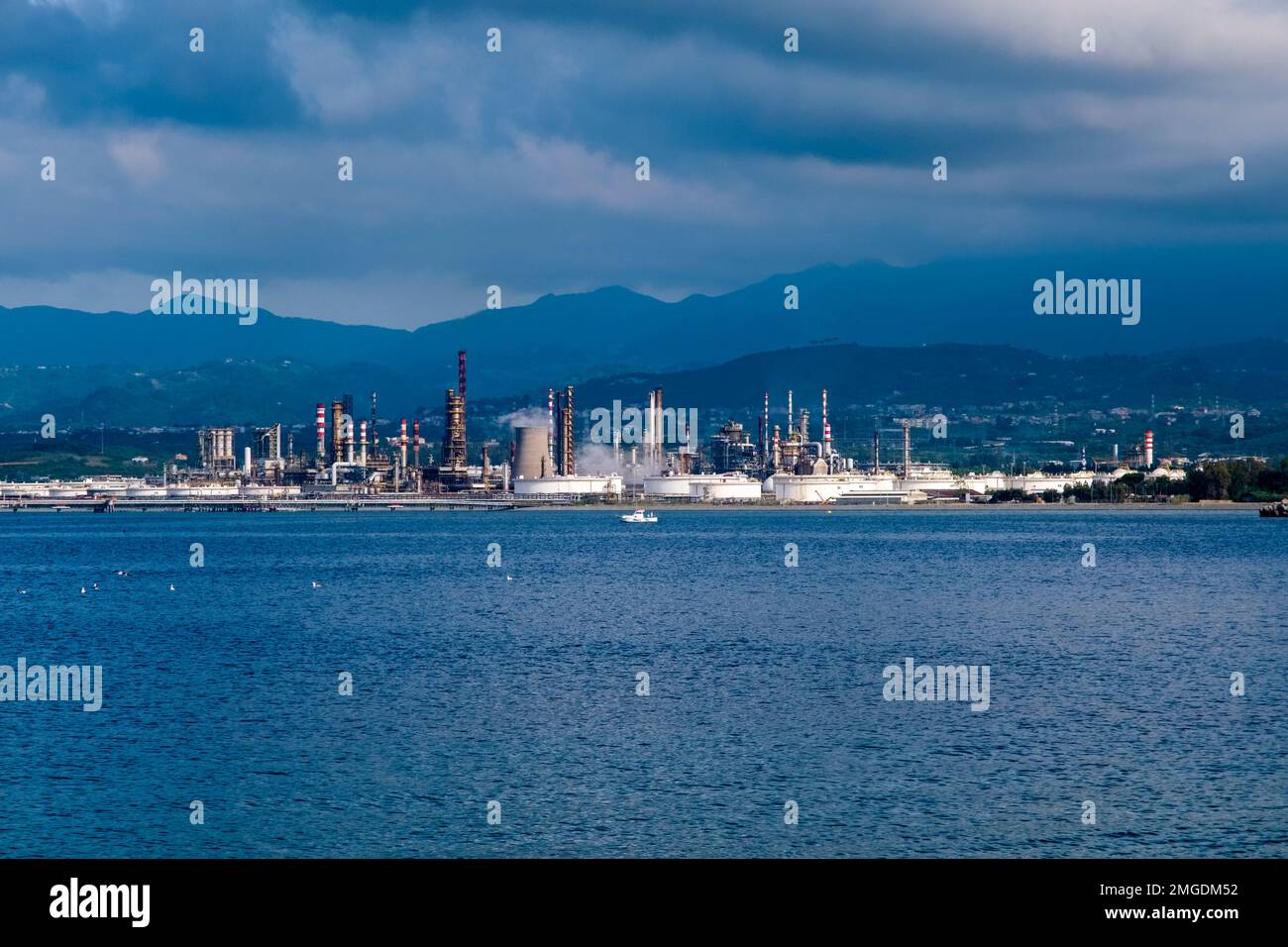 The industrial plants and the port of the Milazzo refinery, seen over ...
