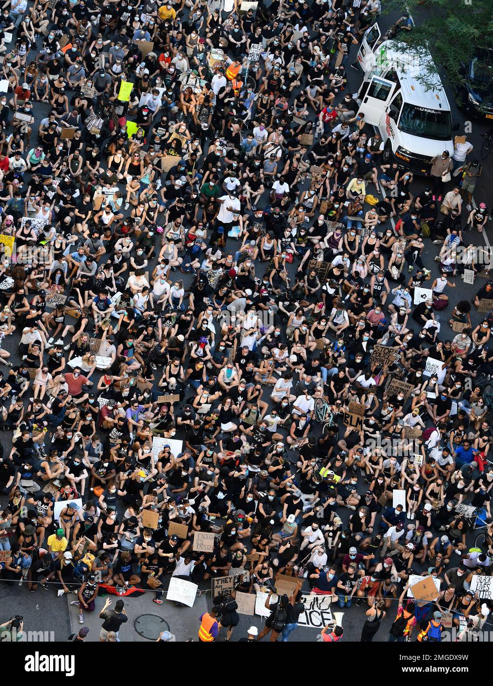 Overhead view of an anti-police brutality Black Lives Matter protest ...