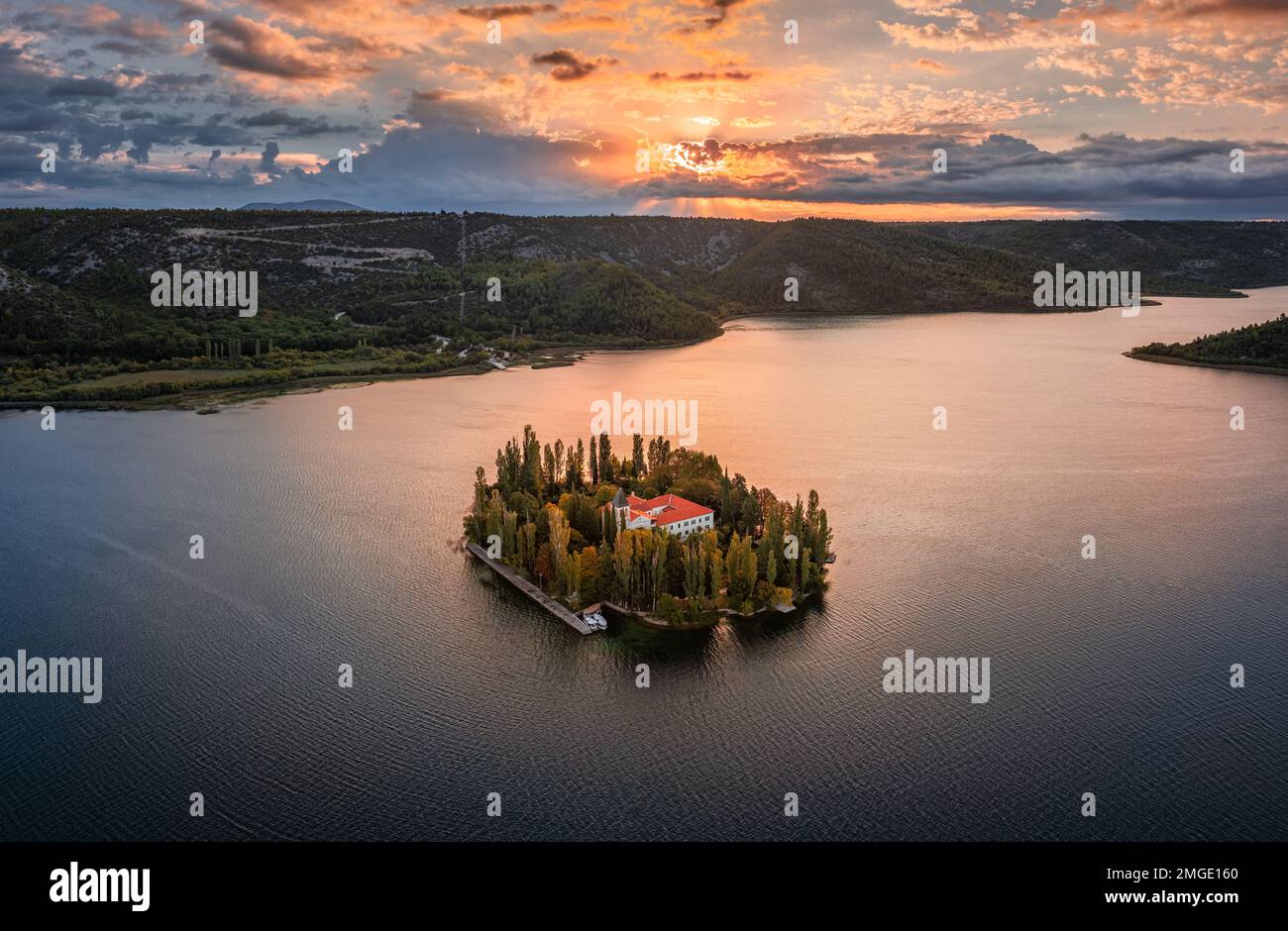 Visovac, Croatia - Aerial panoramic view of Visovac Christian monastery ...