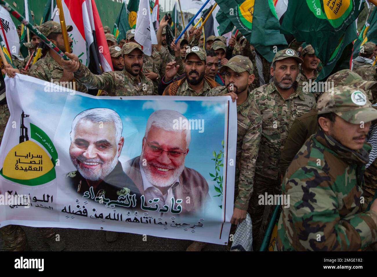 FILE - In this Saturday, Jan. 4, 2020 file photo, Iraqi militiamen ...