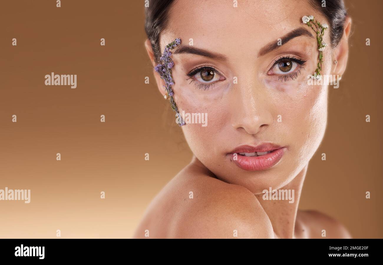 Natural beauty, flowers or face of woman with eco friendly cosmetics ...