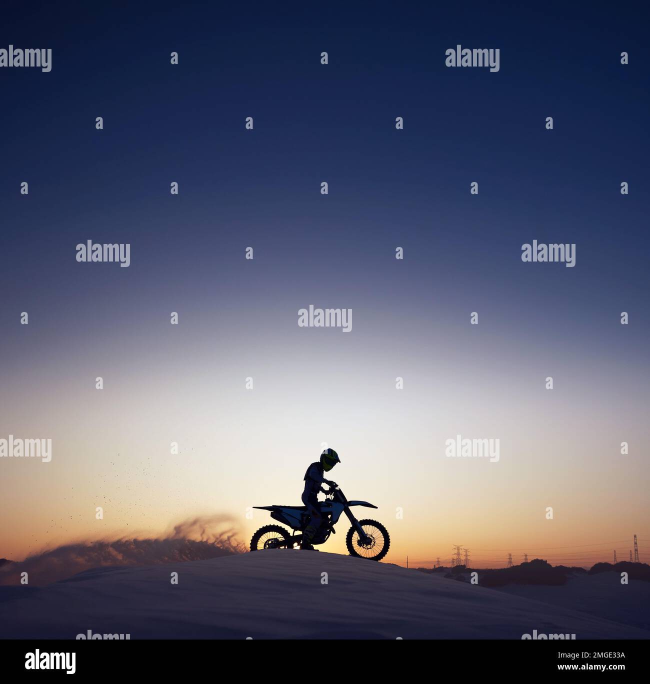Silhouette, sport and riding motorcycle against night, sky and ...