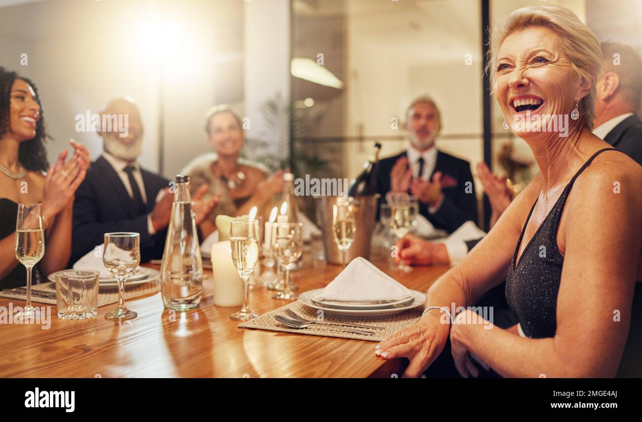 People, party and clapping at restaurant in night with friends ...