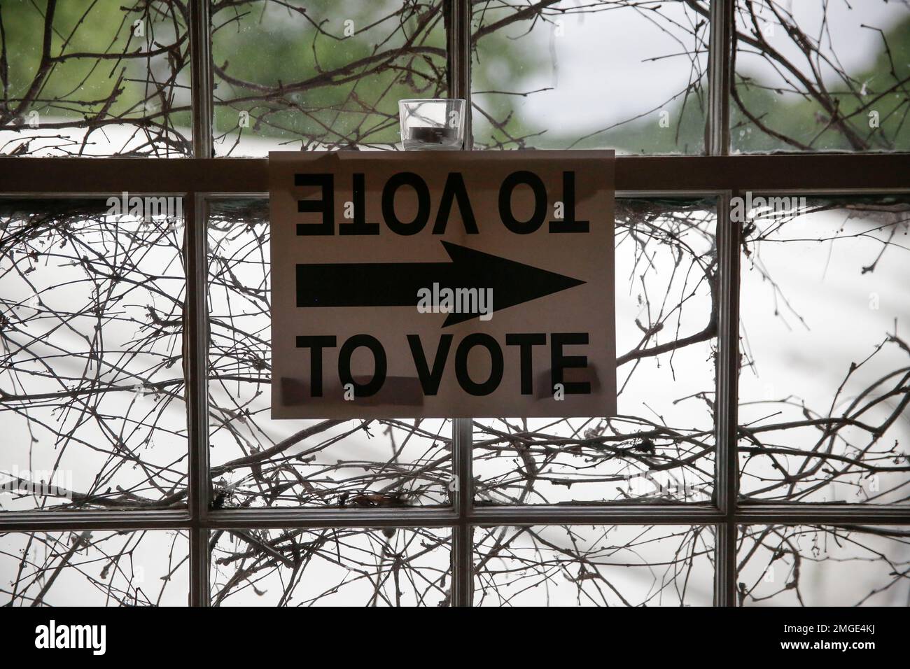 A sign is seen directing voters where to go for the Georgia's primary ...