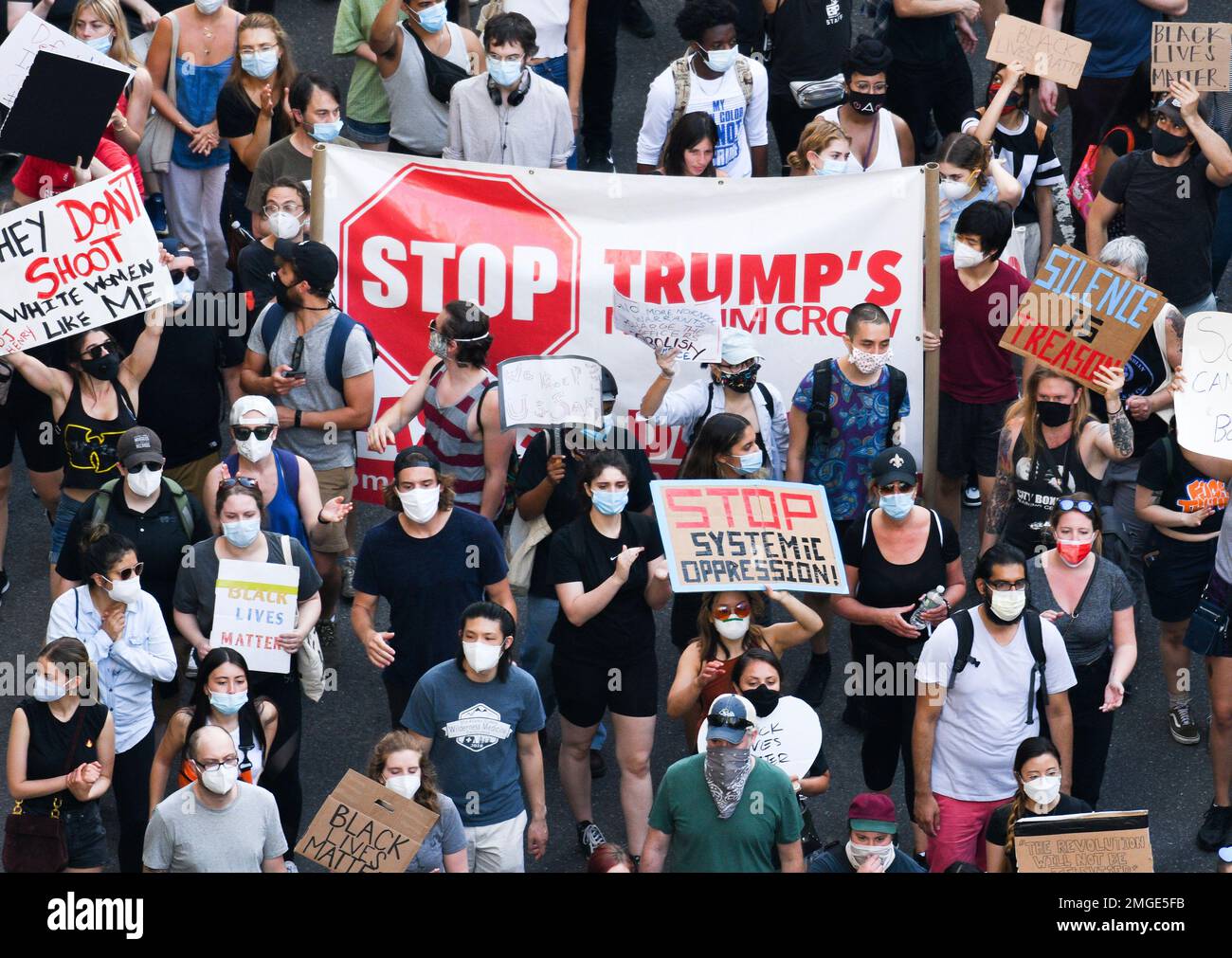 Overhead view of an anti-police brutality Black Lives Matter protest ...
